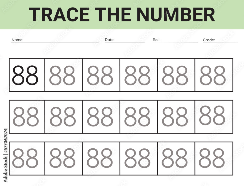 Number 88. card for kids learning to count and to write, worksheet for ...
