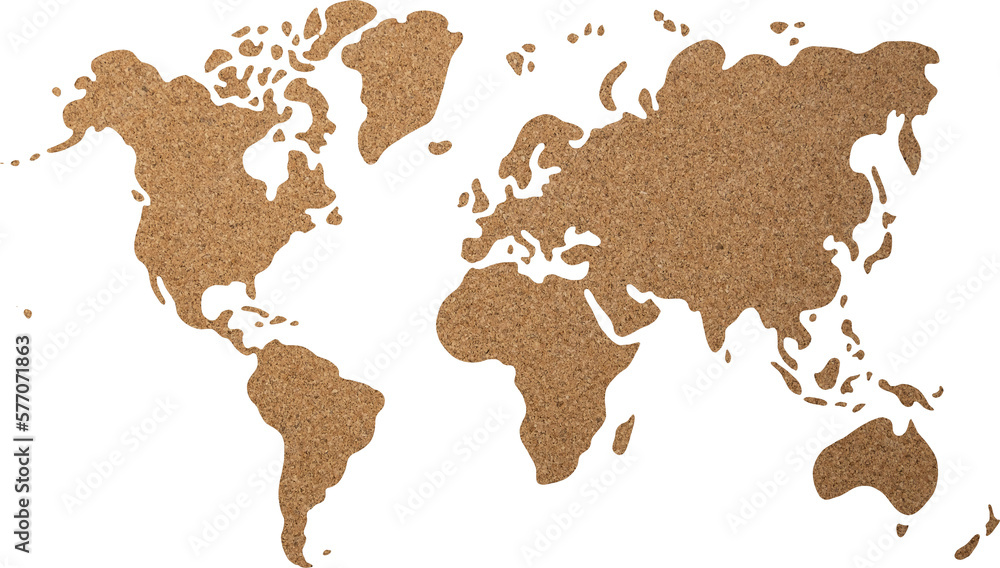 World map cork wood texture cut out on transparent background. Stock ...