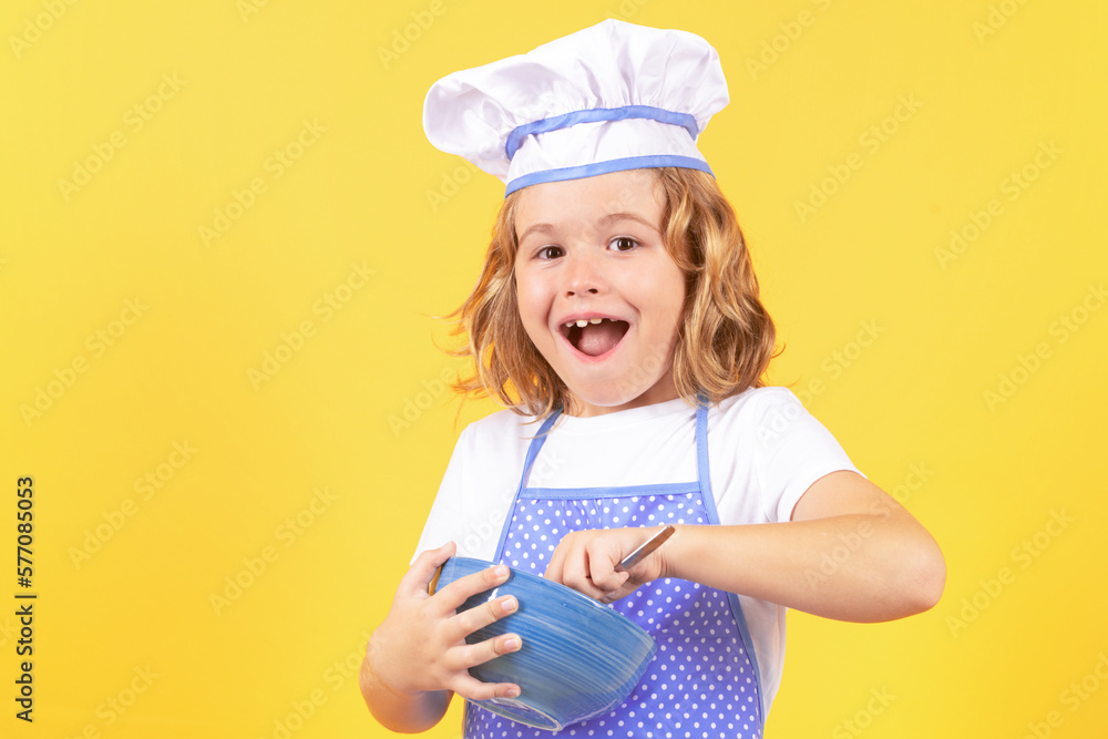 Kid chef cook with cooking bowl. Child chef cook, studio portrait. Kids ...