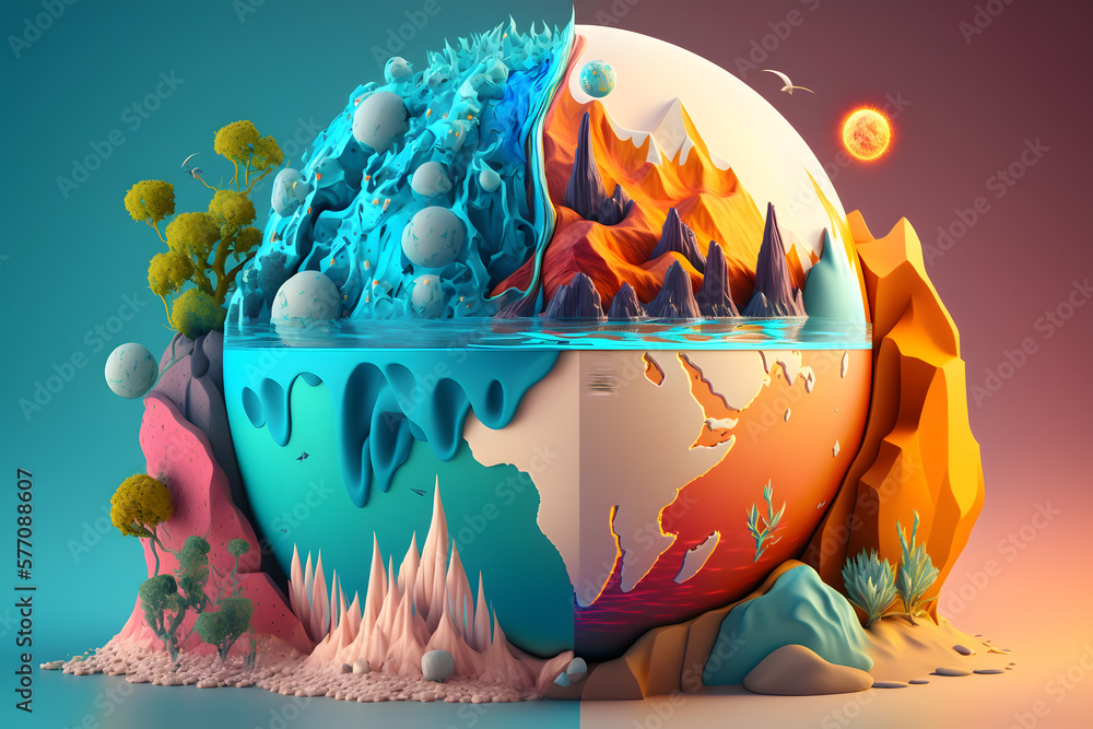 Global warming concept. Planet earth with different climatic zones and volcanoes. Colorful ...
