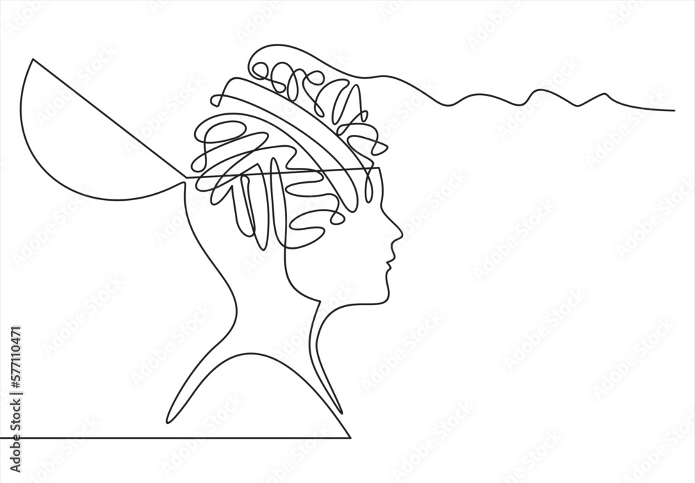 Human head with confusion of thoughts in Continuous one line drawing ...