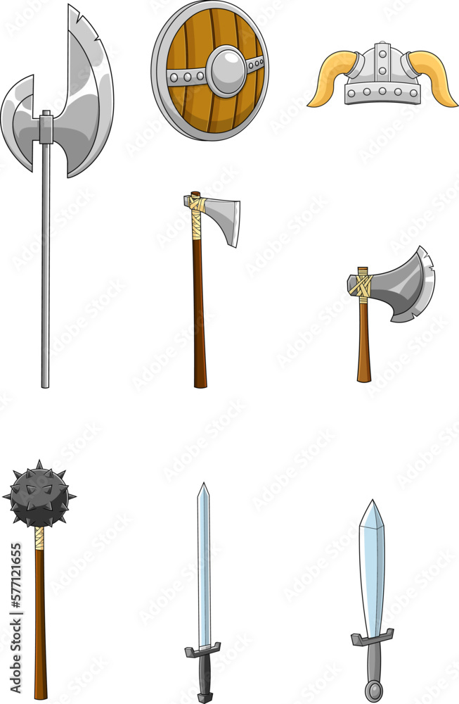 Cartoon Medieval Weapons. Vector Hand Drawn Collection Set Isolated On ...
