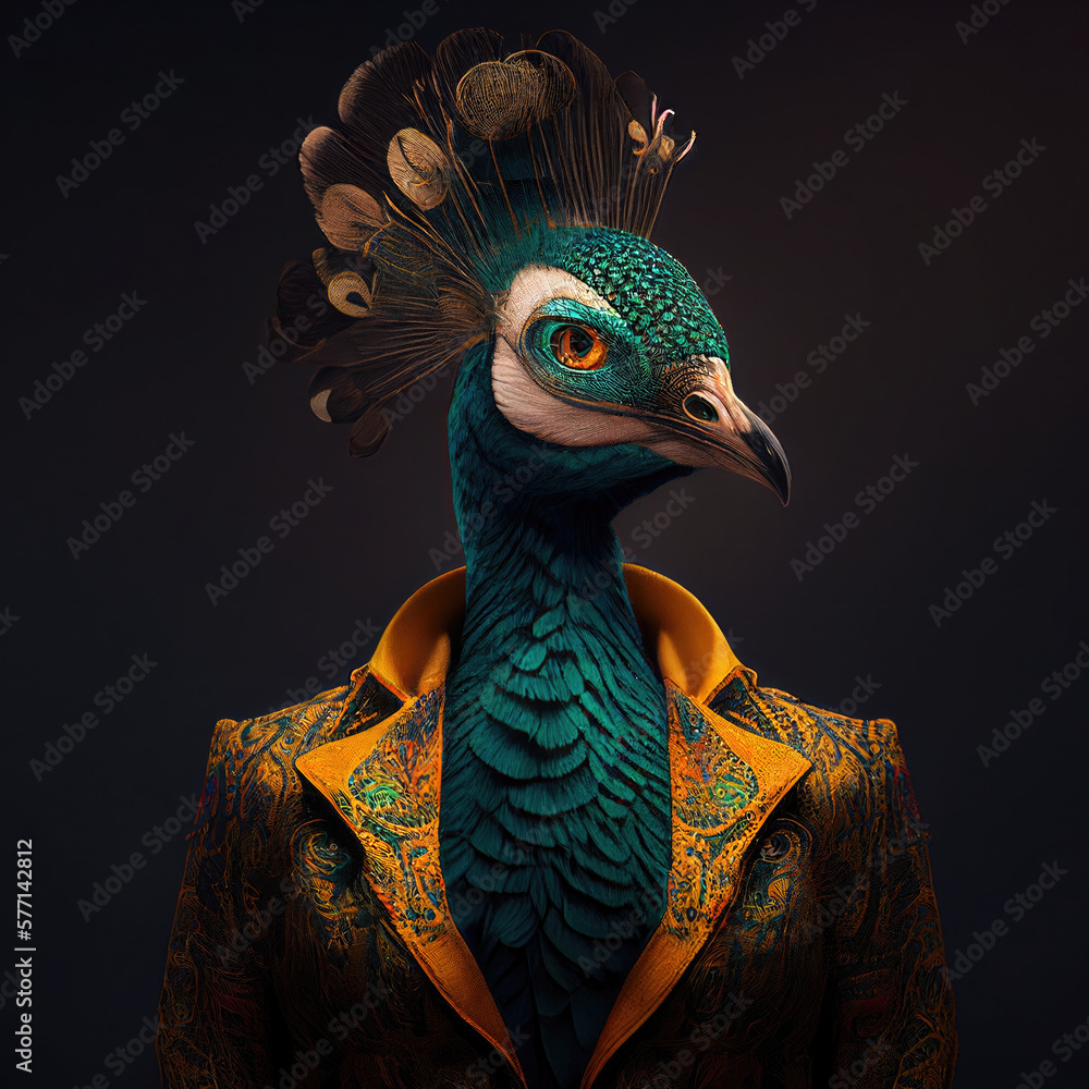 Portrait of peacock in human clothing. Creative portrait of wild animal ...