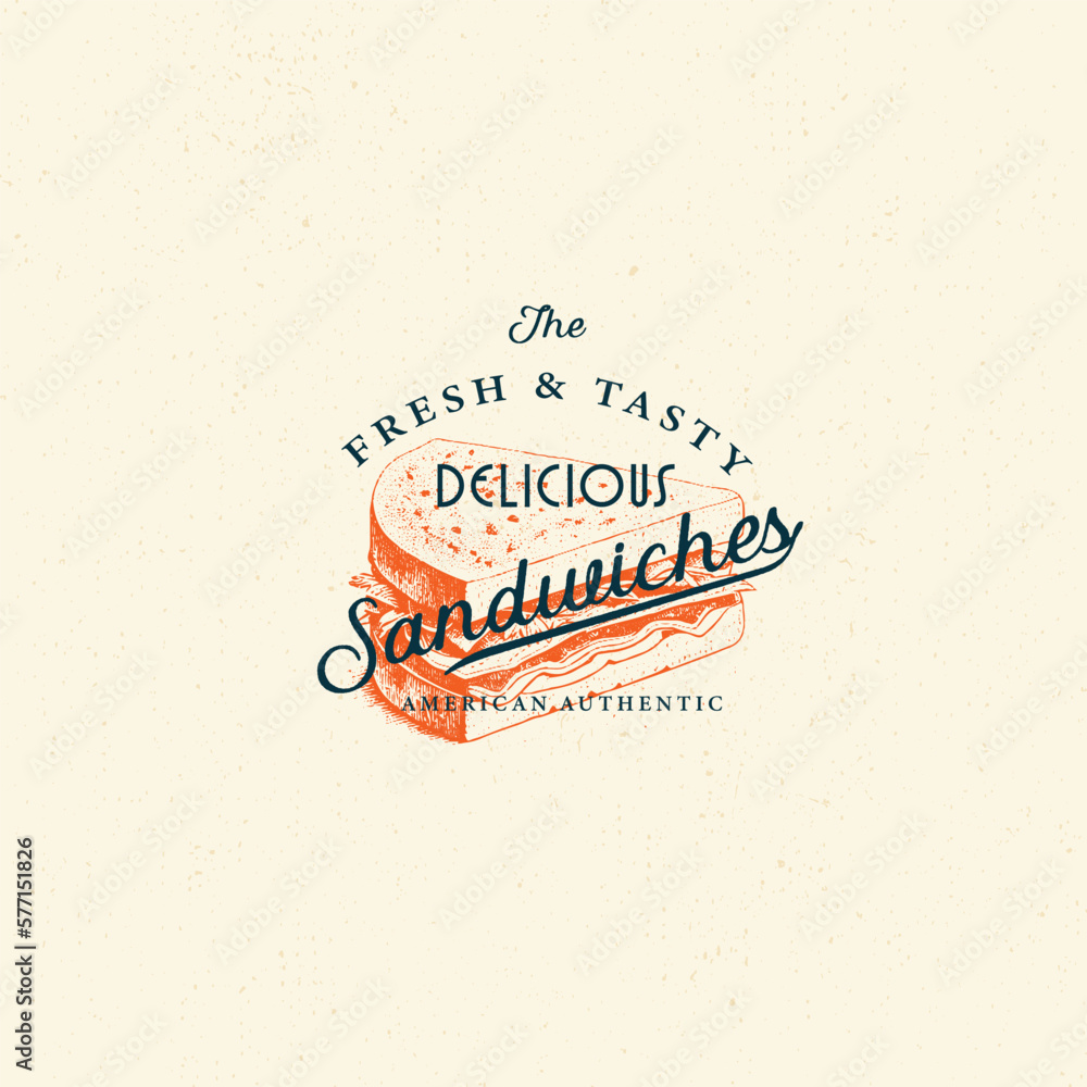 Engraving logo sandwich silhouette and modern vintage typography hand ...