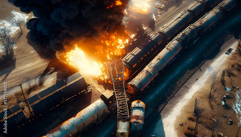 Wagons freight train Tanks burning fire with oil, carrying hazardous ...