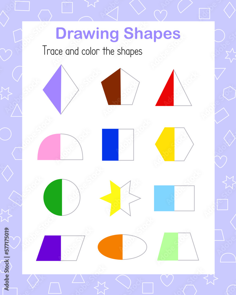 Trace, draw color geometry linear shapes handwriting practice vector ...