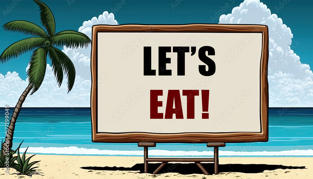 Let's eat text on billboard on the beach with sea, coconut tree and sky ...
