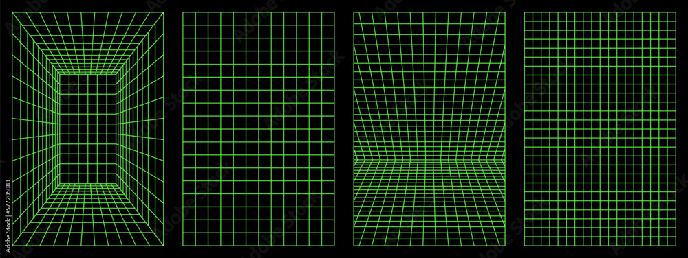 Distorted vertical neon grid set. Retrowave, synthwave, rave, vaporwave ...