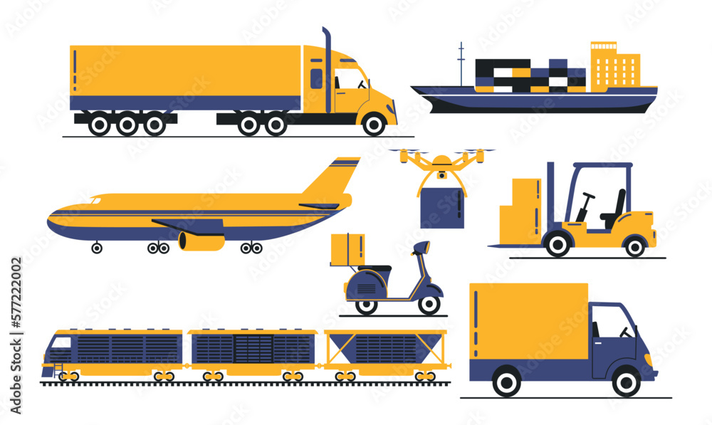 Set of logistics. Collection of vehicles for transporting goods, cargo ...