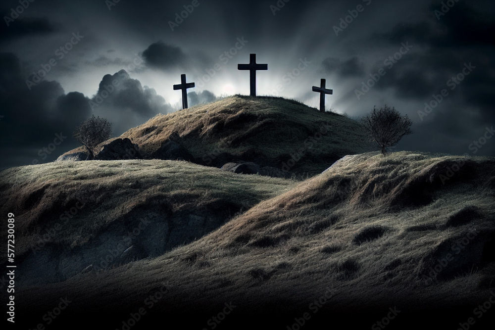 three crosses on Golgotha near Jerusalem, the death of Jesus, the ...