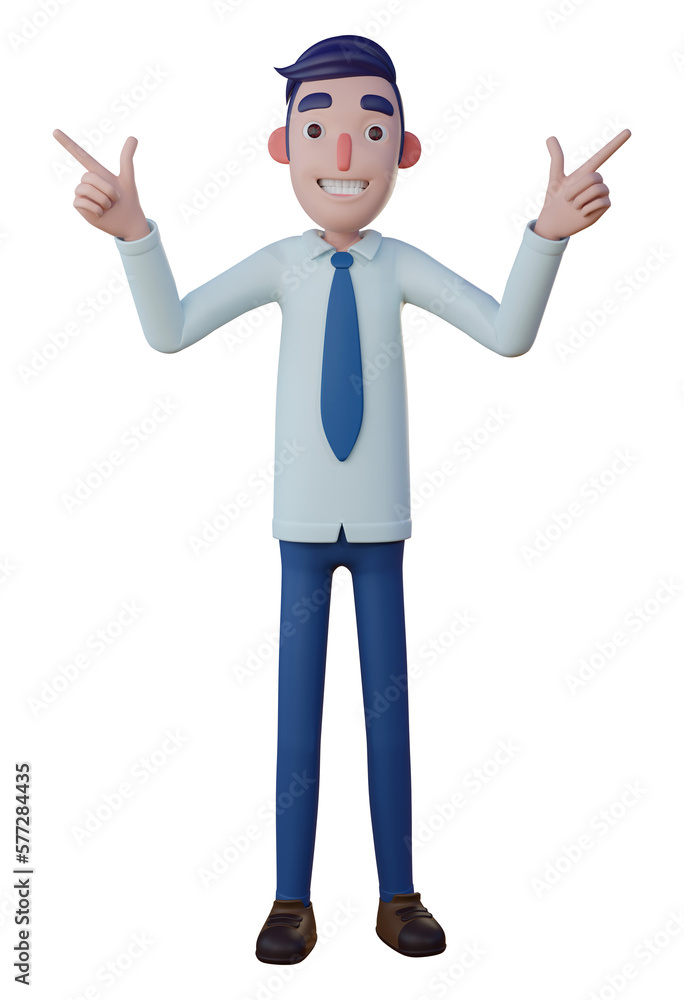 male employee smiling in a pose finger pointing to the two side Stock ...