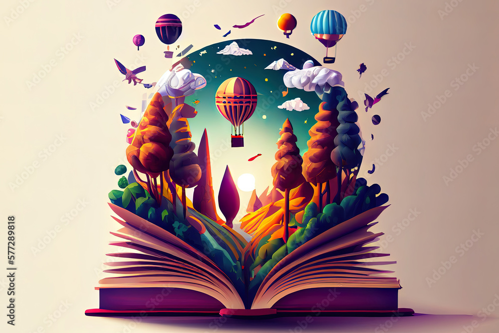 Season fairy tale, storybook, textbook. Town, forest, aerostat, rocket ...
