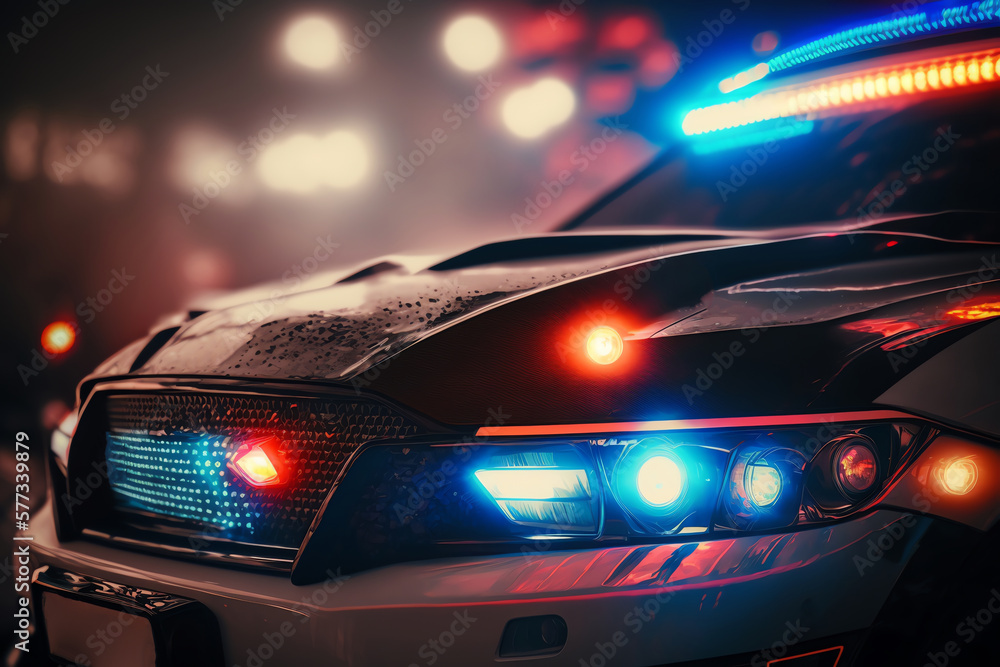 Police car headlight at night with flashing light. Police security ...