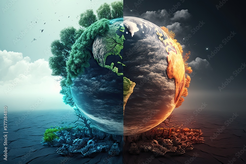 Conceptual of climate change and global warming with melting icebergs ...