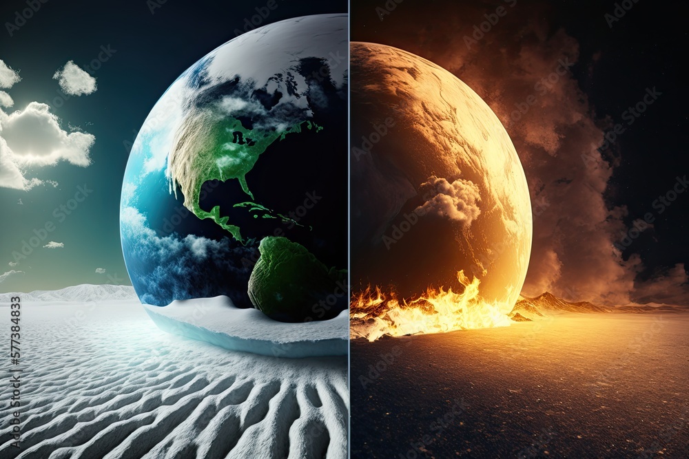 Conceptual of climate change and global warming with melting icebergs ...