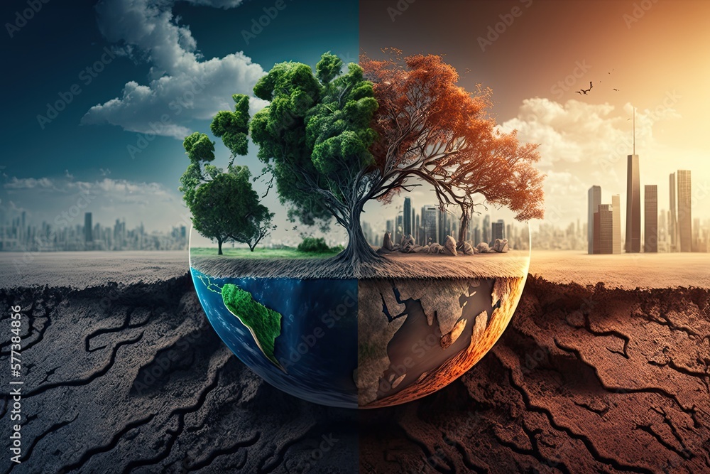 Conceptual of climate change and global warming with melting icebergs ...