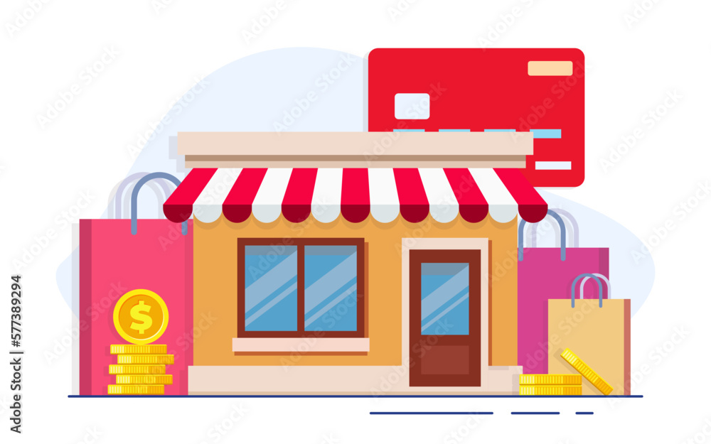 Store building flat vector illustration, Cartoon shop facade front view ...