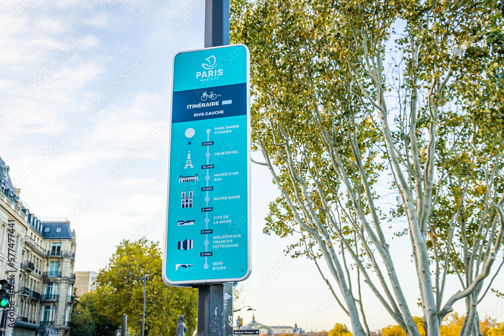 Paris Mobilite panel showing the route of cycle path and famous ...