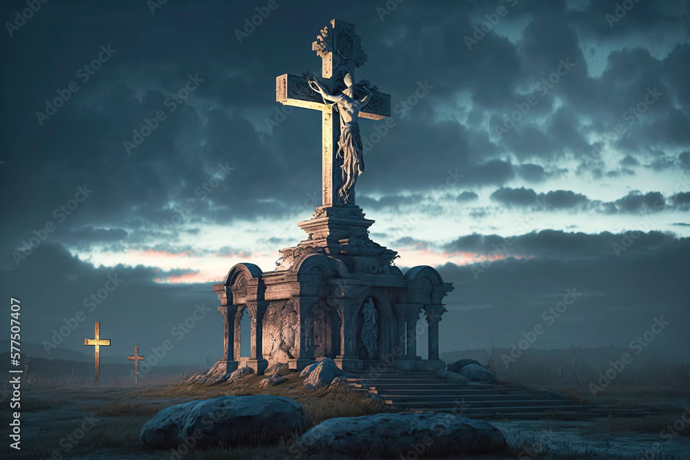 christian mausoleum with big cross, landscape or religious image with ...