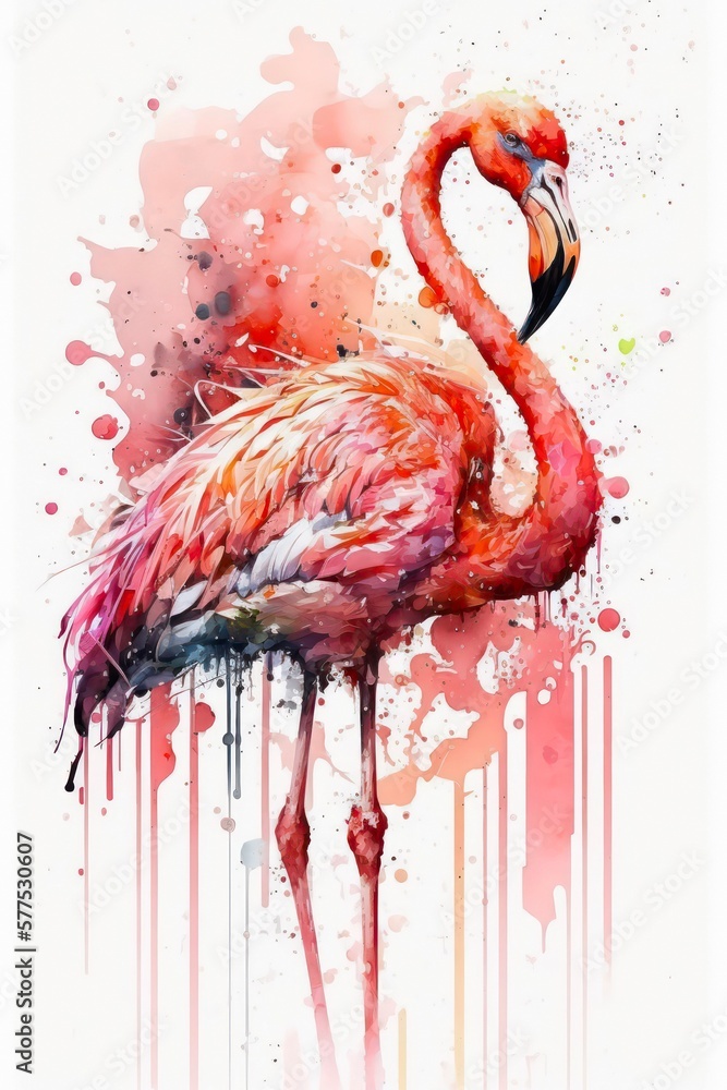 Vertical watercolor illustration of pink flamingo on white background ...