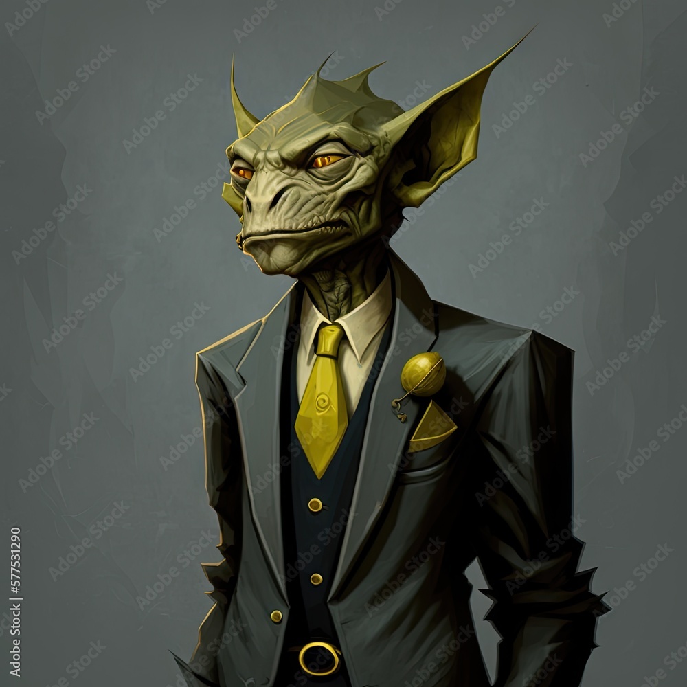 full portrait image of Goblin in a suit modern oriental gray and gold ...