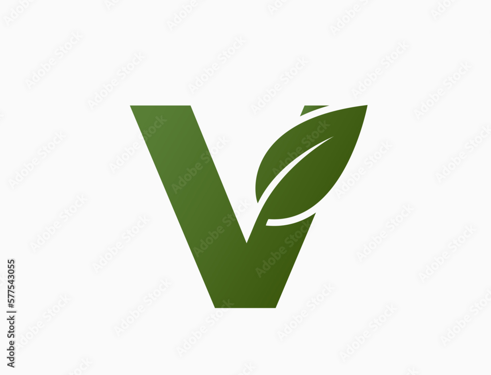 small letter v with leaf. creative alphabet logotype. nature and ...