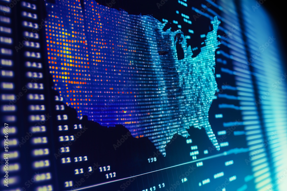 USA map created by bluish Matrix code, technology connecting the world ...
