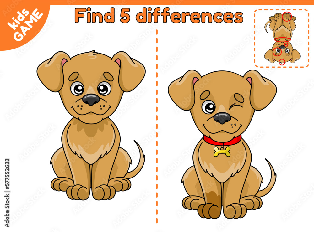 Stock-Vektorgrafik „Kids game Find the differences. Compare cute dogs ...