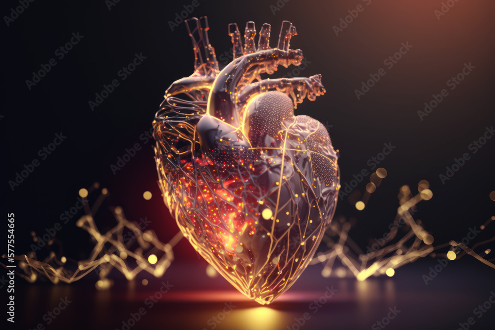 Ilustração A dazzling human heart made of intricate light, lines, and ...