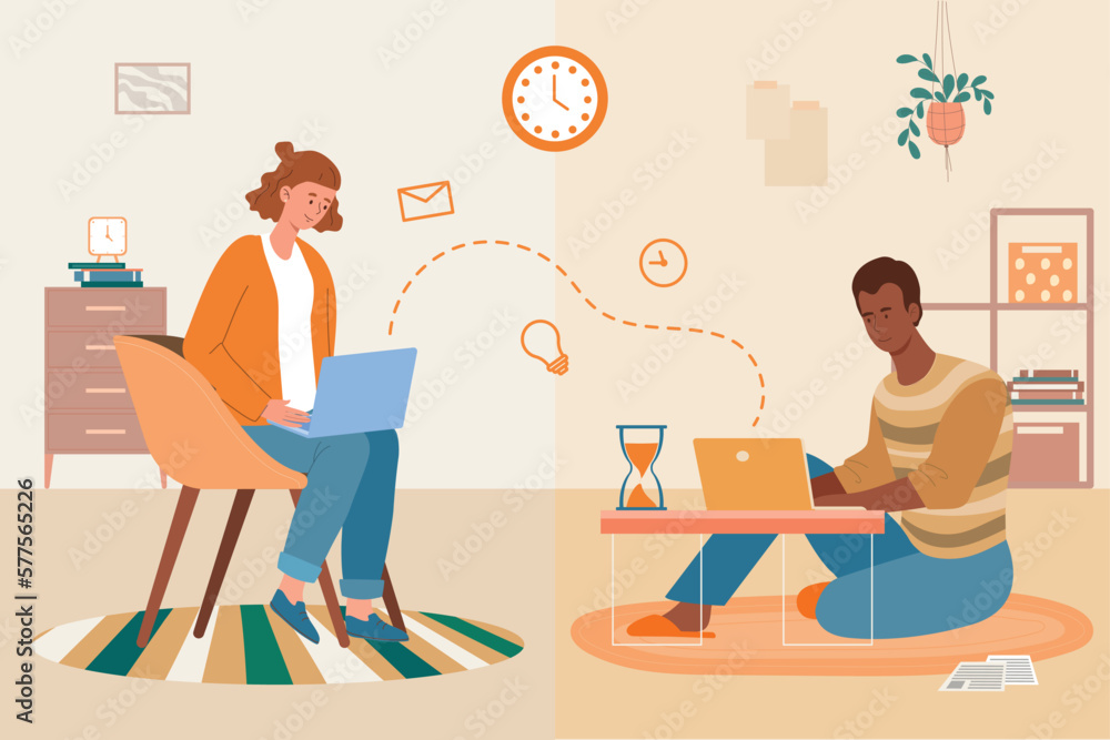 People with sand clock. Man and woman with laptops working on common ...