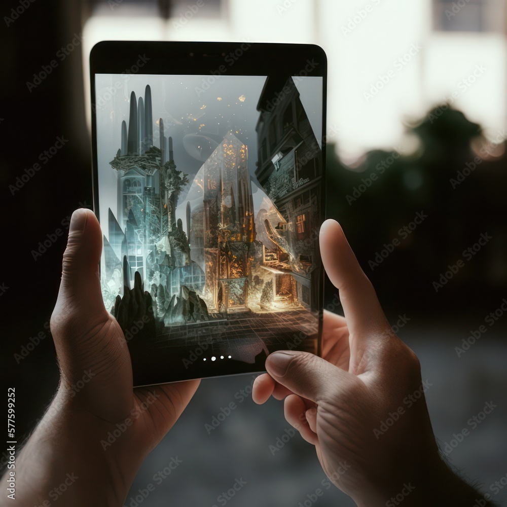 Person using ar app on smartphone or tablet, displaying digital overlay ...