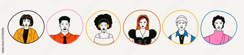 Various portraits of men and women. Diverse stylish people in trendy ...