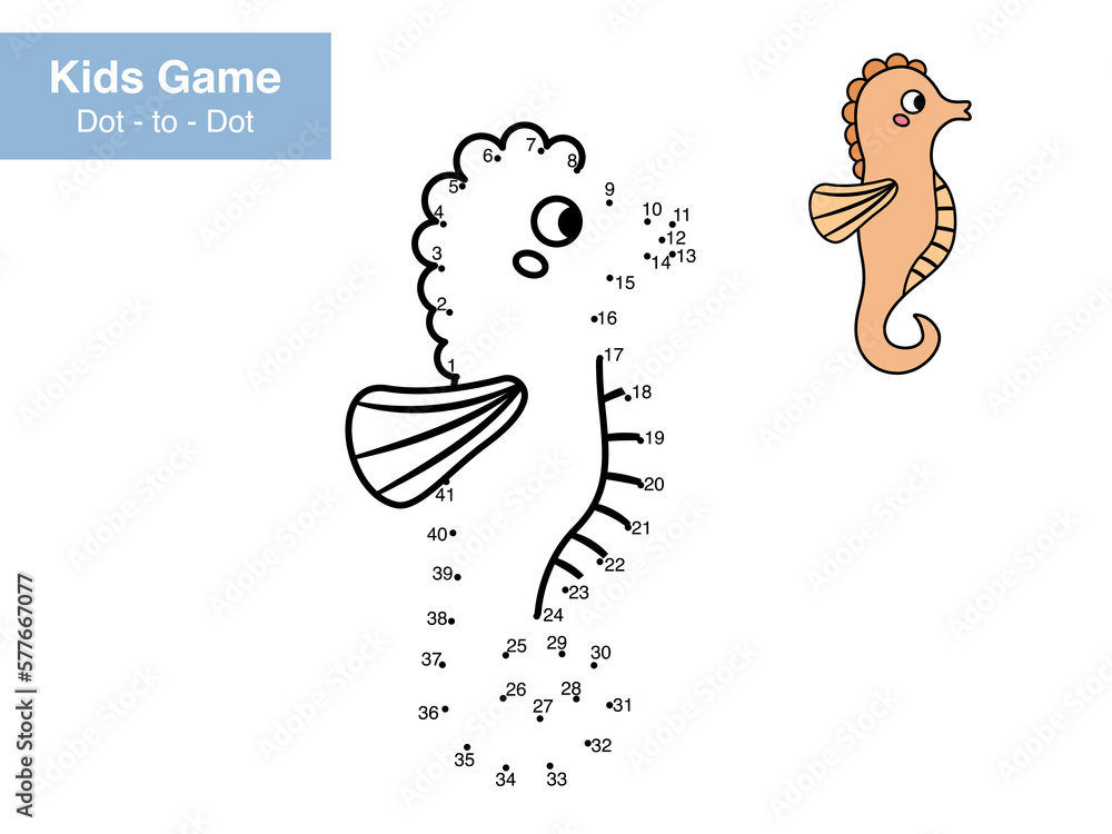 Number game. Dot to dot. Cute seahorse. Cartoon sea animals ...
