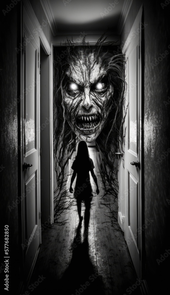 Zombie female in terrifying raging anger in hotel hallway, extreme ...