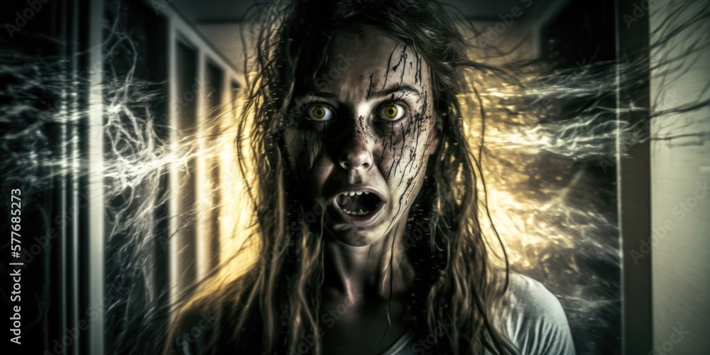 Zombie female in terrifying raging anger in hotel hallway, extreme ...