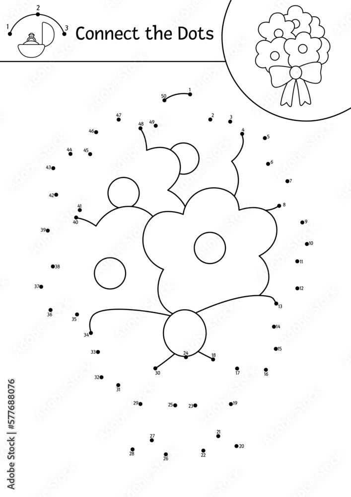 Vector dot-to-dot and color activity with cute wedding bouquet. Connect ...