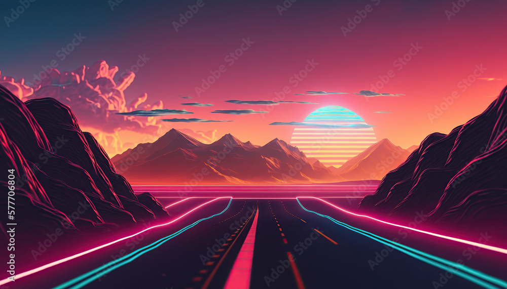 Trendy neon synth wave background with sunset sky, road and mountains ...