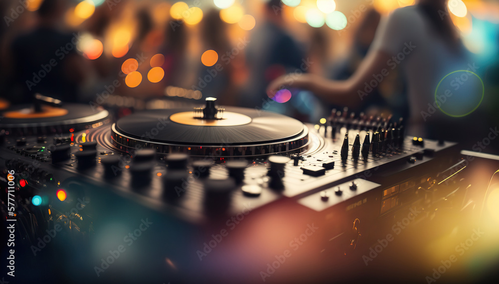 Professional dj music mixing turntable console on the foreground and ...