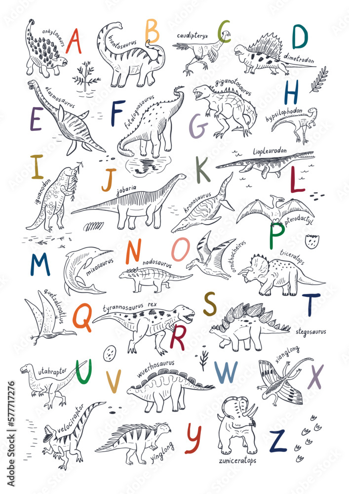 Dinosaur line alphabet poster vector illustrations set. Stock Vector ...