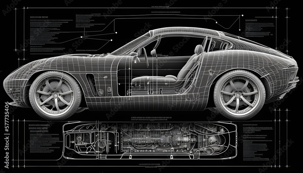 very technical and detailed blueprint of a side view super sport car ...