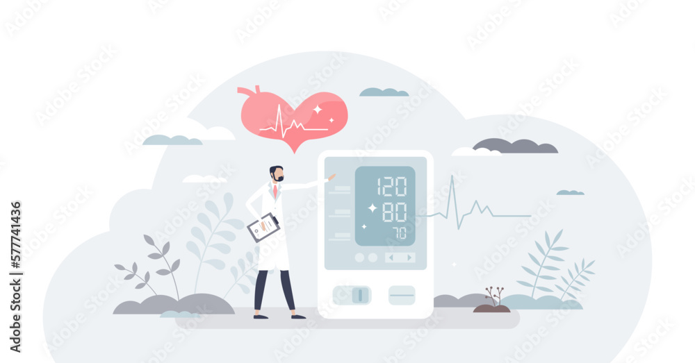Blood pressure screening and cardiology heart beats checkup tiny person ...