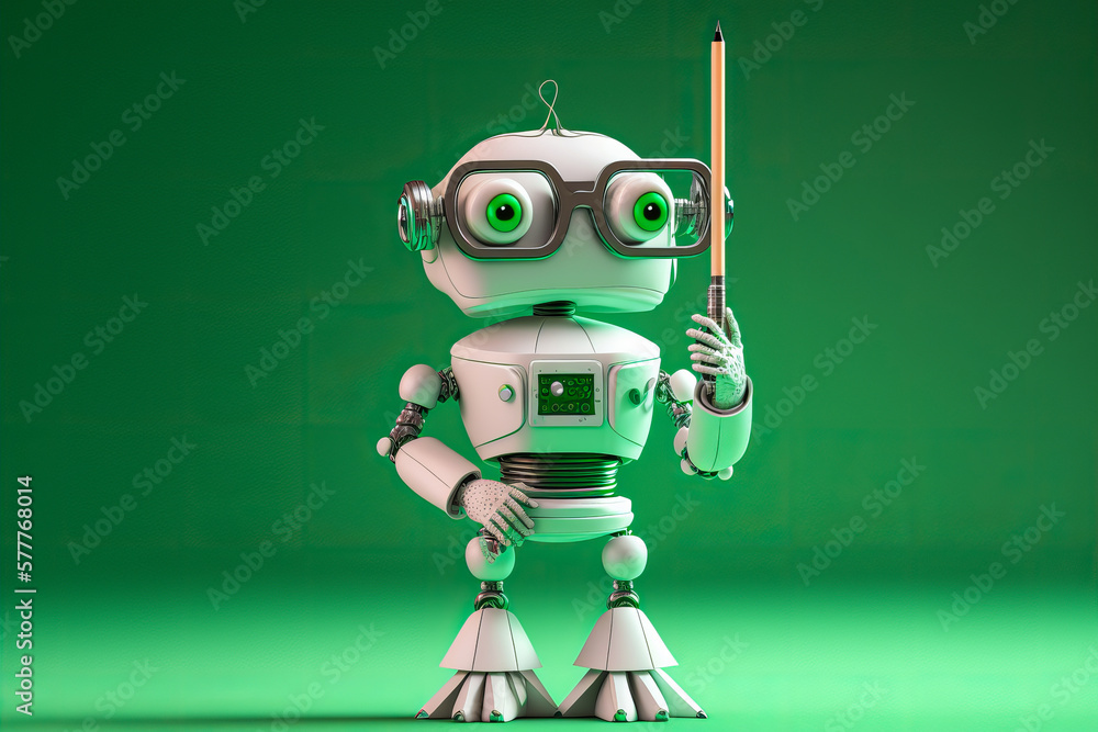 A robot professor stands in front of a green schoolboard, teaching ...