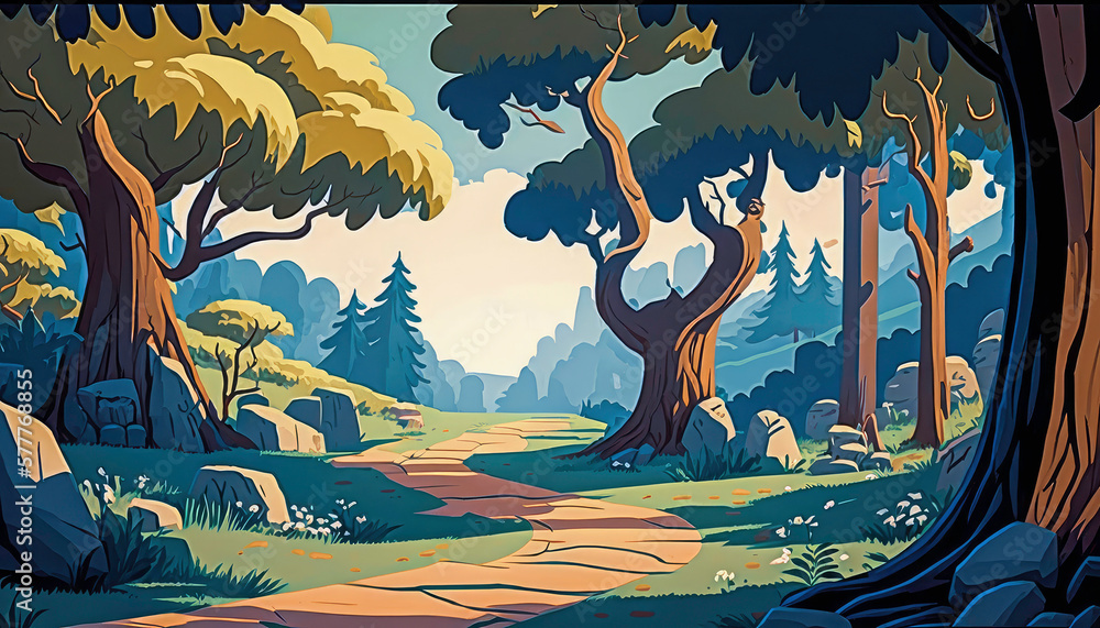 Fantasy Cartoon Forest Landscape Background With Night Sky and Stars ...