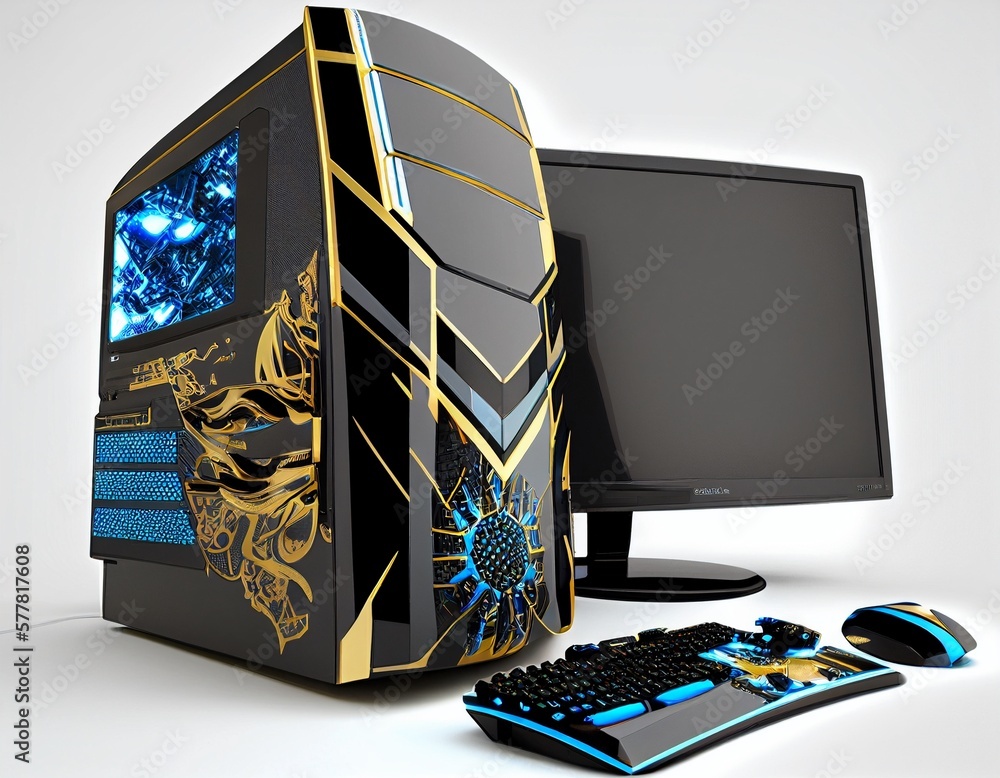 Black, blue and gold color Gaming PC with LCD monitor keyboard and ...