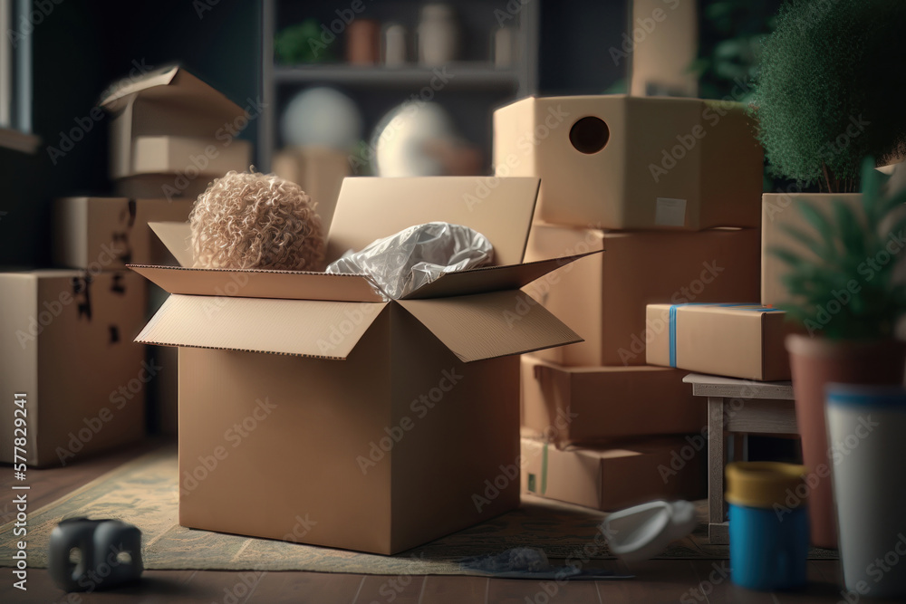 Stack of cardboard boxes in room. Packed things ready for moving in or ...