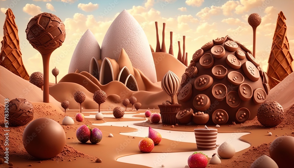 Fantasy world consisting of chocolate and candy, super sweet, dreamland ...