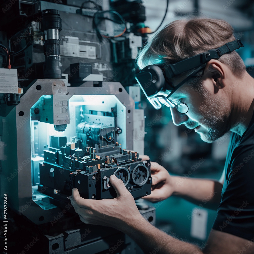 Ilustración de Stock Man wearing augmented reality headset (AR) standing in industrial ...