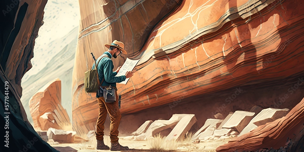 Geologist examining rock formation in remote location, concept of ...