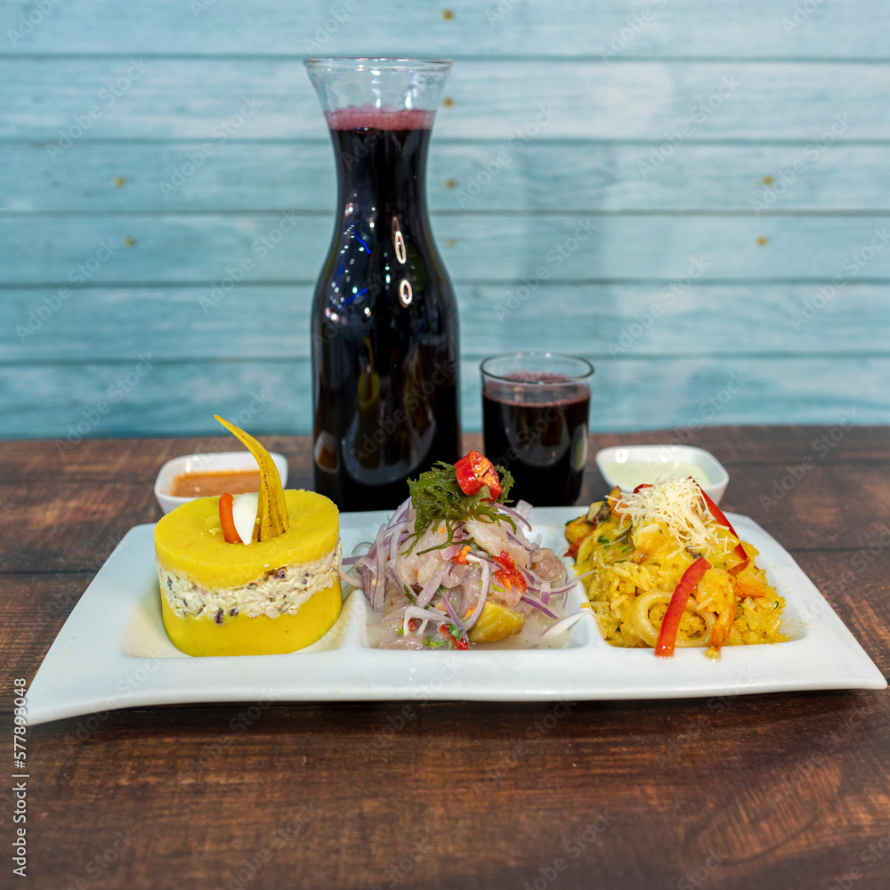 ceviche, chicharrón de pescado and arroz chaufa with chicha morada ...