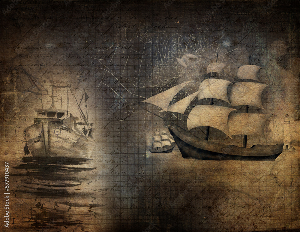 Old ship and dark vintage nautical map background Stock Illustration ...